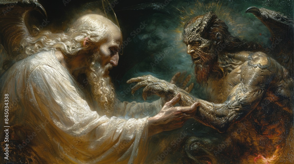 Symbolic confrontation: battle between God and the devil, good and evil ...
