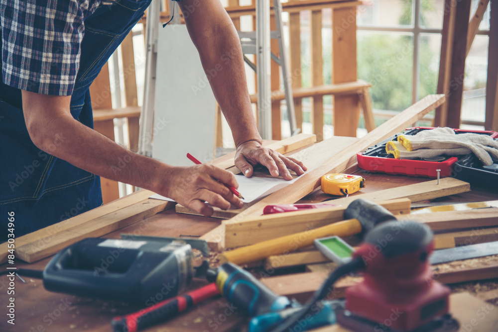 DIY craftsperson asian man working wood heap carpenter objects woodwork ...