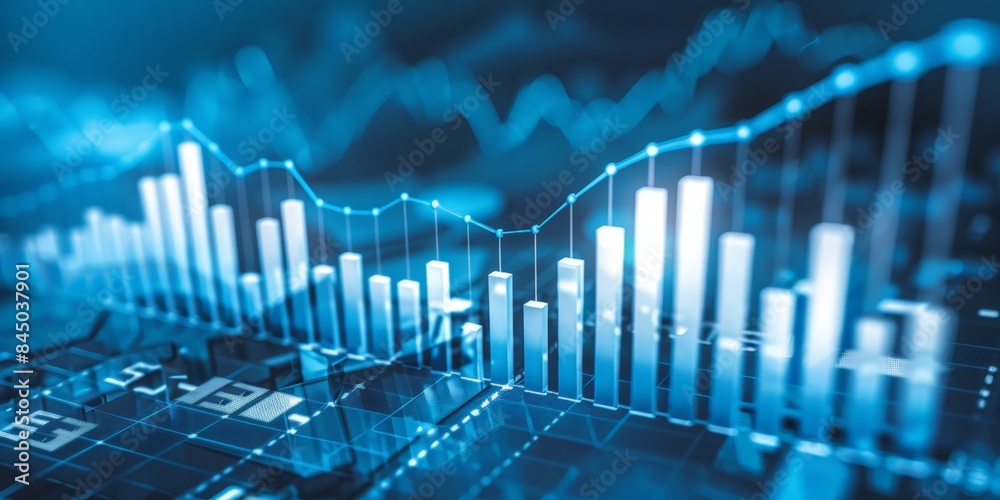 A close-up image of a 3D bar graph with a line graph overlaid. The ...