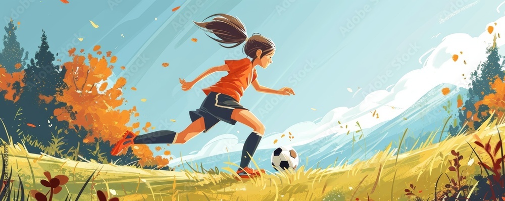 football or soccer player girl running fast and kicking a ball while ...