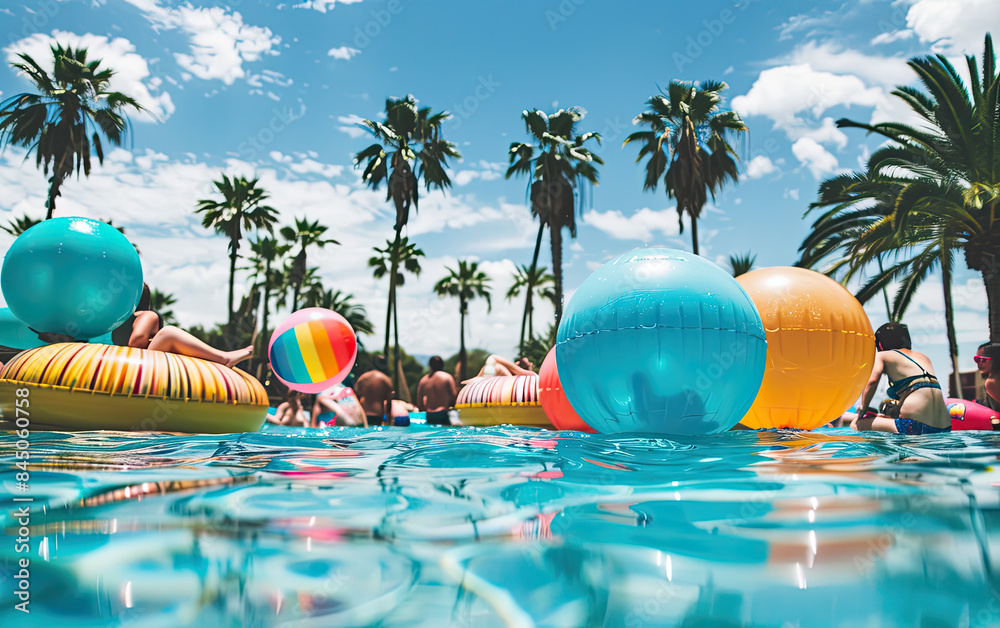 Lively summer pool party with floaties, beach balls, palm trees, and a ...