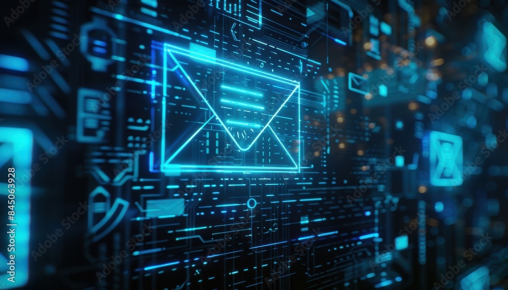 Futuristic digital email envelope interface design with glowing blue ...
