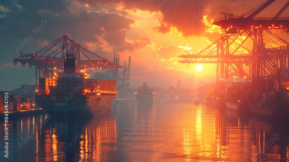 Twilight background of a container cargo freight ship with a ...