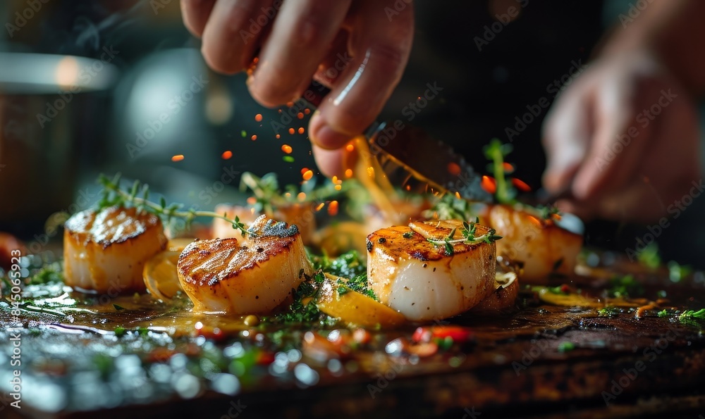 fine dining chef preparing Grilled scallops recipe in creamy butter ...