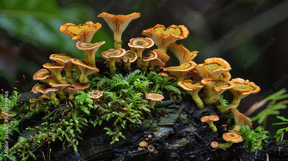 Fungi, mushrooms and moss in rainforest, highlighting the unique and ...