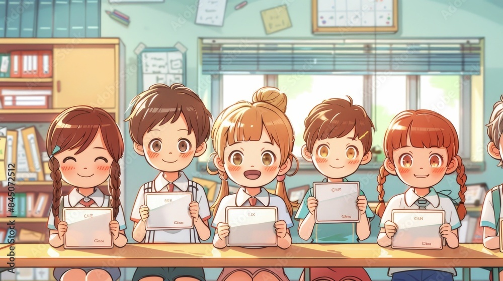 Adorable Cartoon Style Chibi Students Eagerly Participating in a ...
