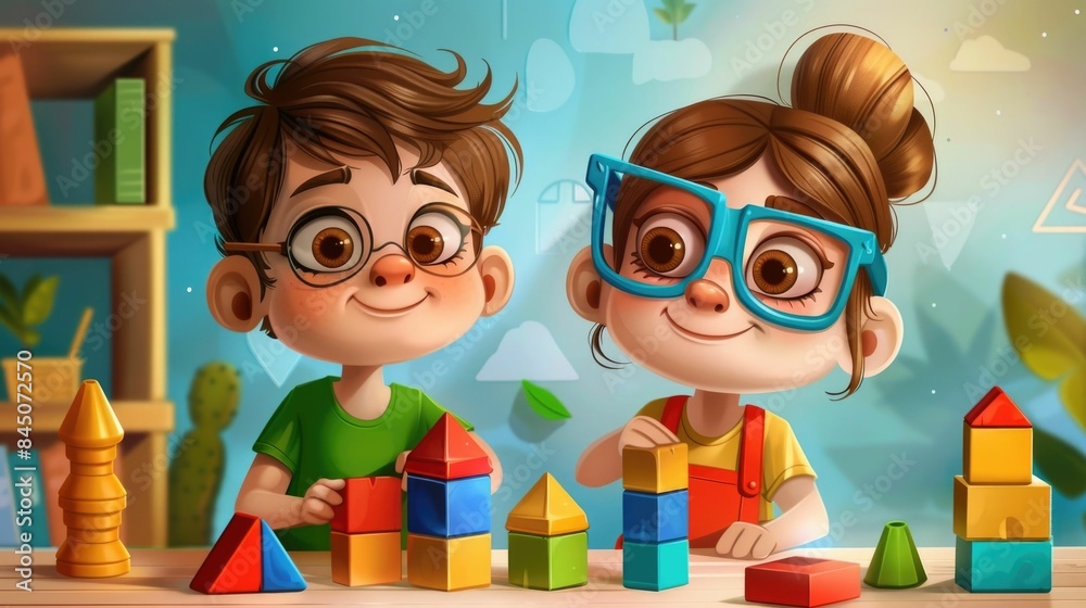 Cute cartoon Chibi boy and girl building with blocks and learning about ...