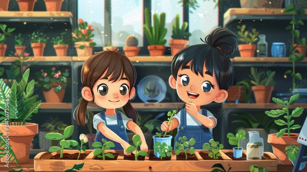 Adorable Cartoon Chibi Boy and Girl Students Happily Participating in a ...