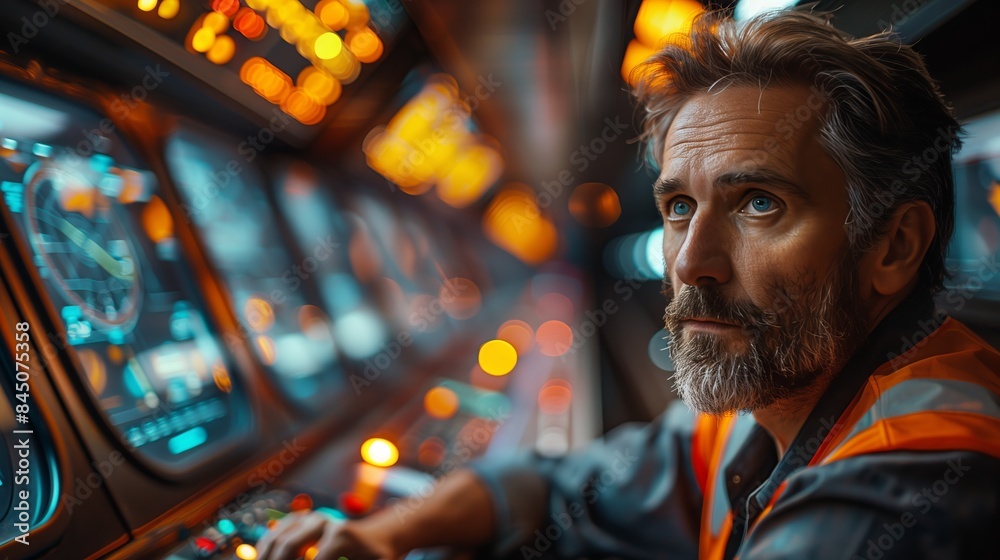 Engineer Monitoring Control Panel in Train Cockpit. Focused engineer in ...