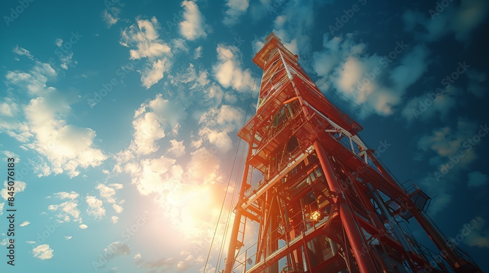 Red Oil Rig Tower Against Blue Sky. Tall red oil rig tower reaching ... Red Oil Rig Tower Against Blue Sky. Tall red oil rig tower reaching ...