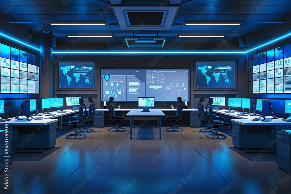 A stylish tech office with interactive digital whiteboards, modern ...