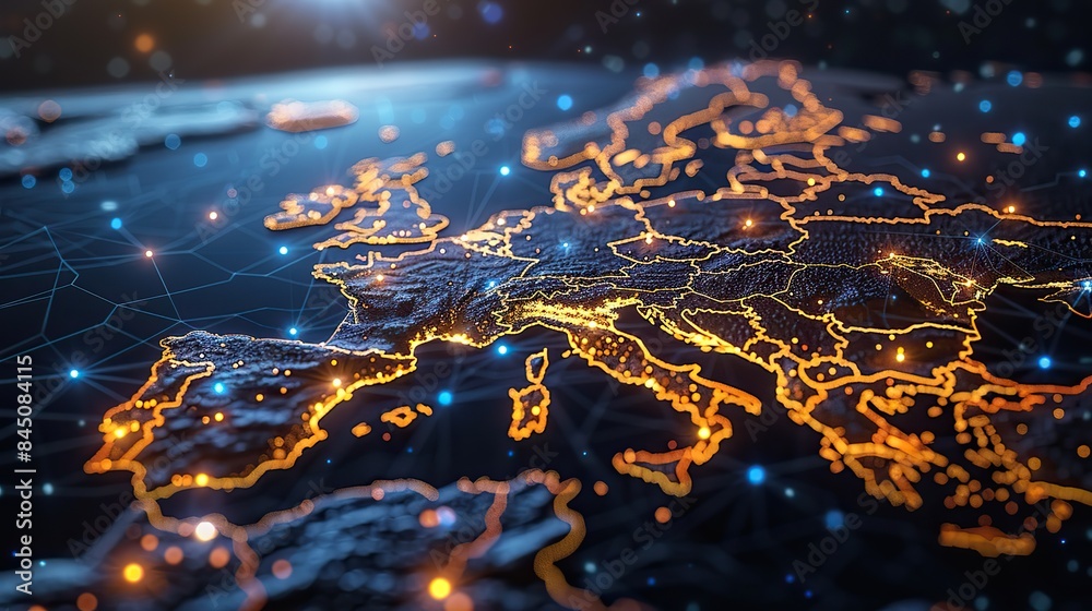 Abstract digital map of Western Europe, depicting the concept of global ...