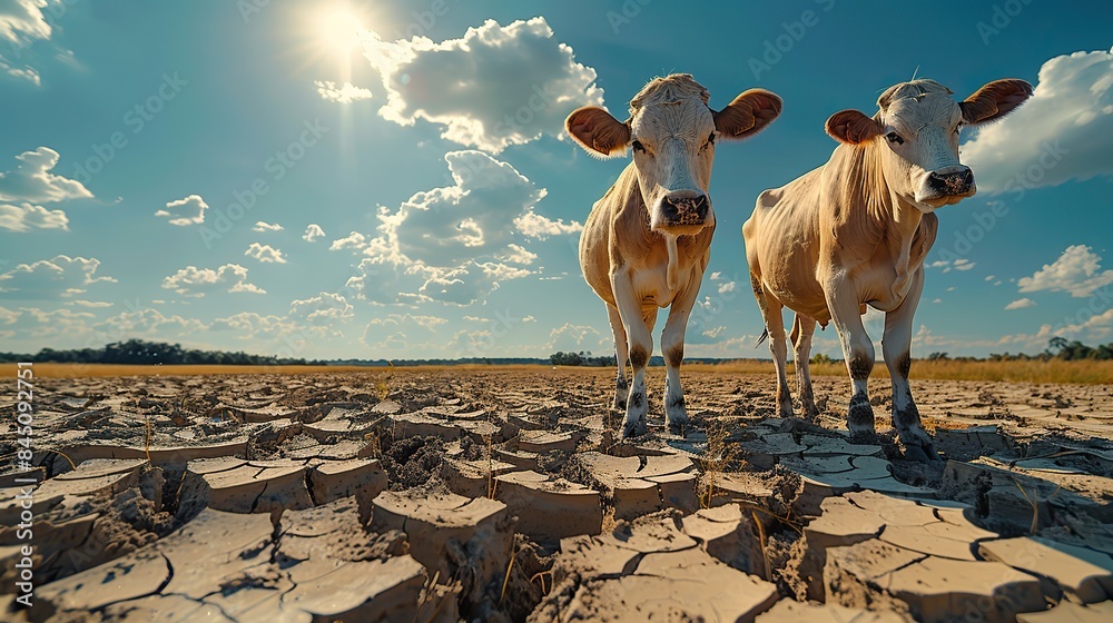 Parched cows wander a barren field beneath a relentless sun, their ...