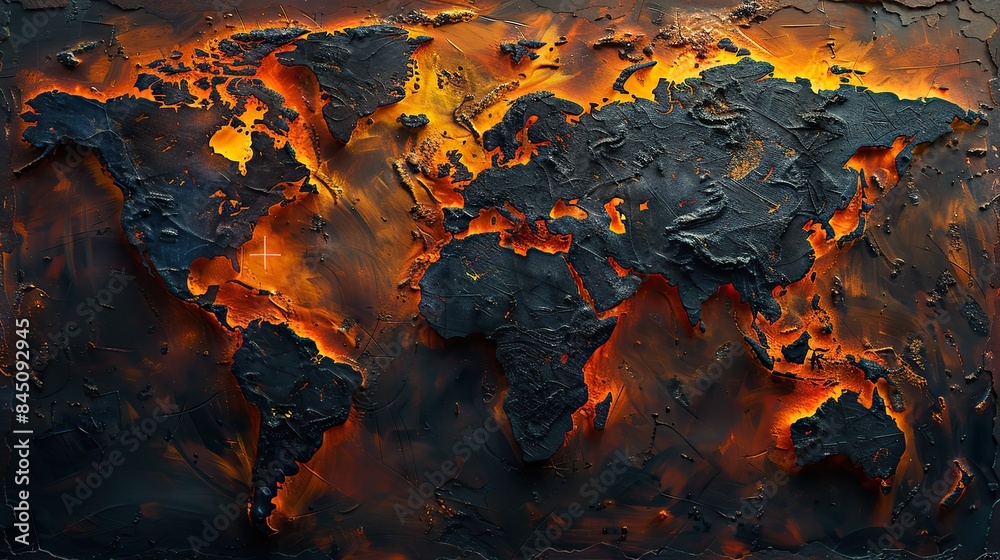 An abstract conceptual illustration depicts a desolate world map ...