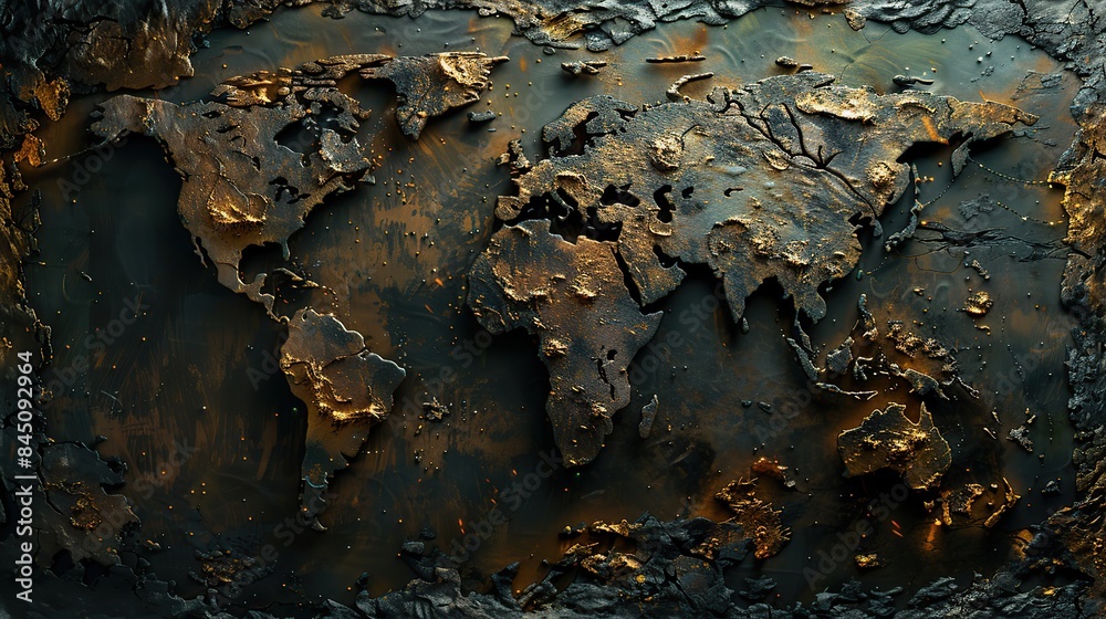 An abstract conceptual illustration depicts a desolate world map ...