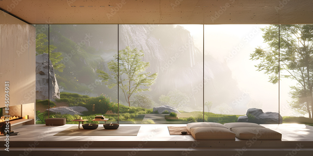 a modern interior with a large glass window revealing a picturesque ...