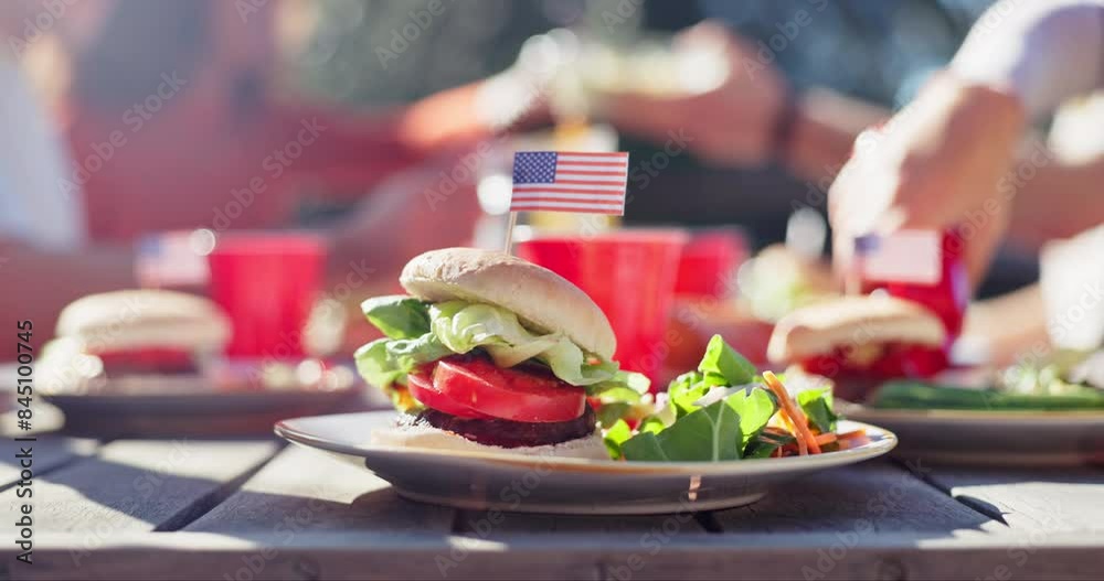 American flag, food and celebration of independence day outdoor with ...