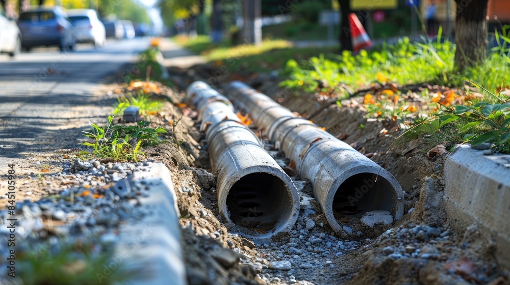 Concrete drainage pipe system installation on road sides for urban ...