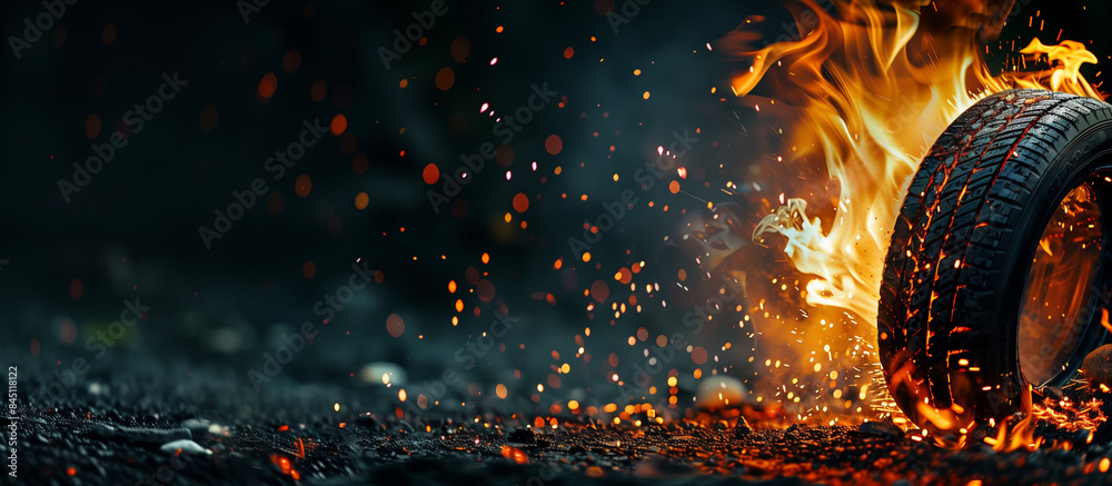tire performance race drift car concept with fire smoke effect isolated ...