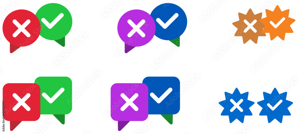 Survey reaction icon. Check mark and cross on red and green, blue and ...