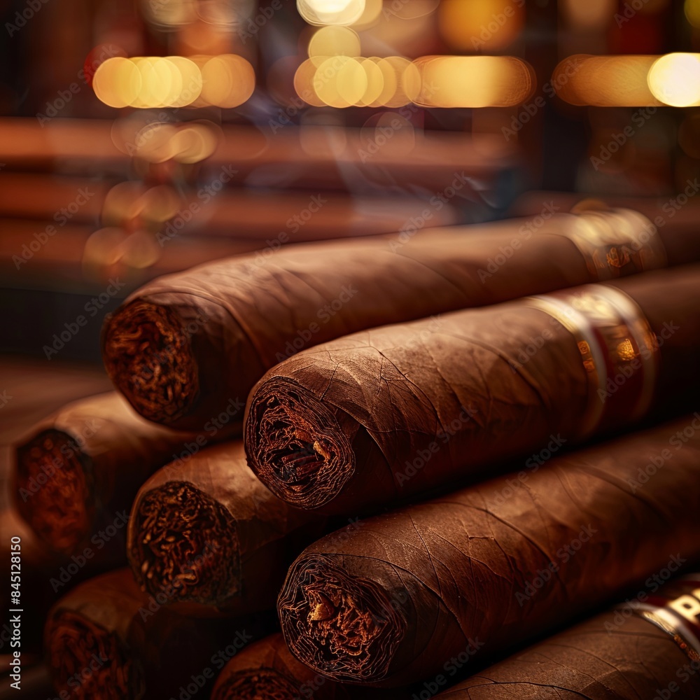 A close-up of a variety of cigars in a luxurious cigar lounge, detailed ...