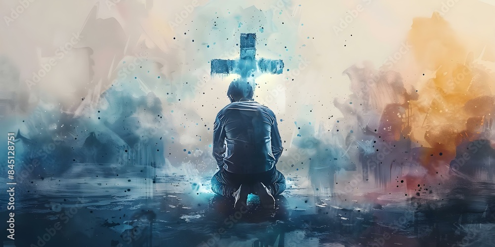 Digital watercolor portrait of man kneeling in prayer before luminous ...