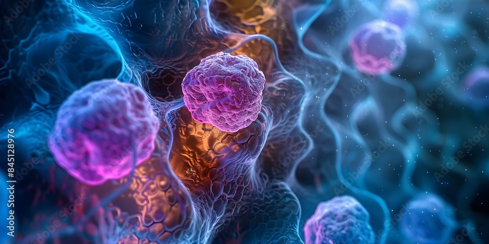Microscopic view of body cells and microbes in a biological laboratory ...