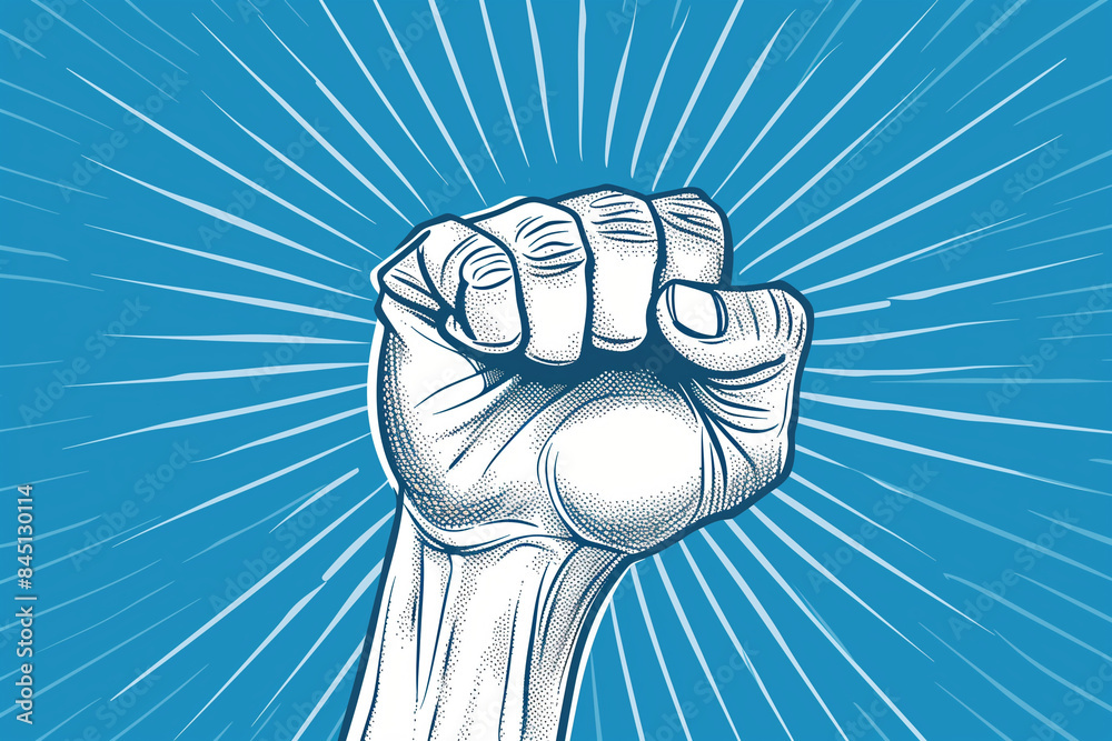 Protest concept banner with clenched fist line art over blue background ...