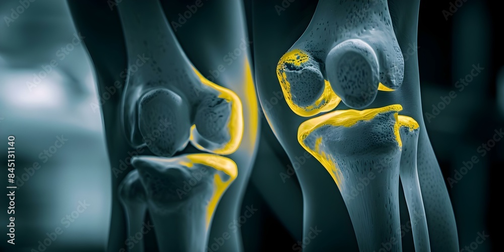 Black and white photo of two knee joints with yellowish tint. Concept ...