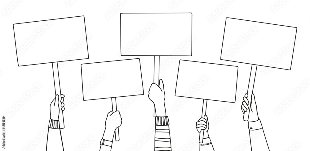 Protest demonstration hands with banners and signboard. Vector line ...