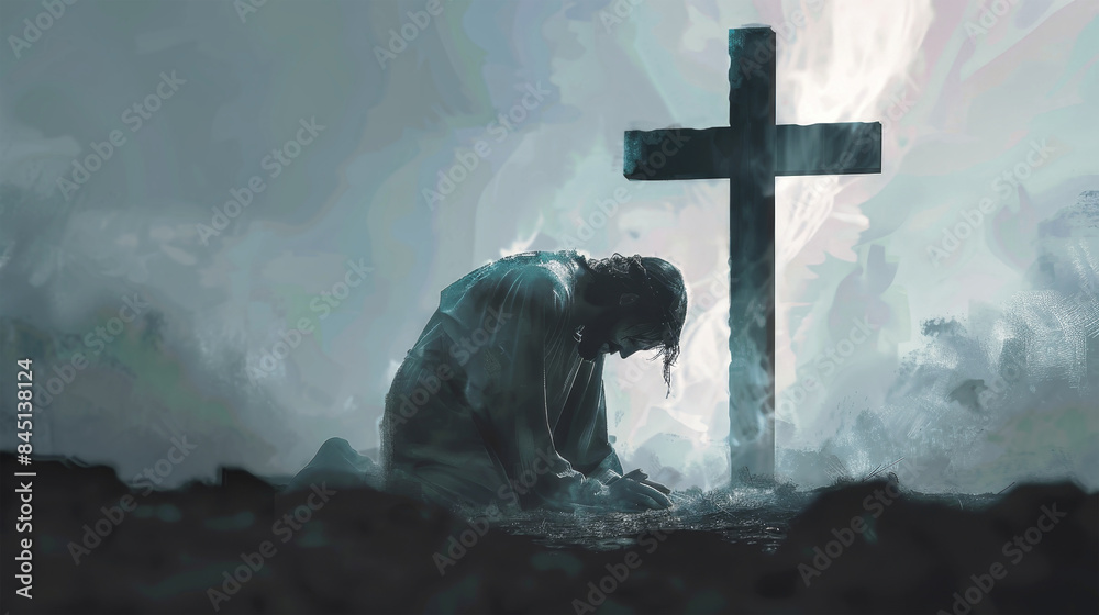 A somber image of Jesus kneeling before a wooden cross, shrouded in a ...