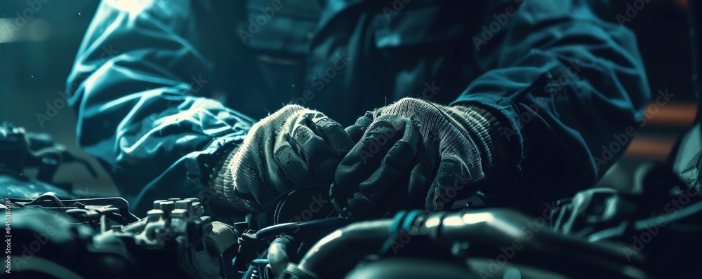 Engine repair by mechanics hands front view closeup wearing gloves and ...