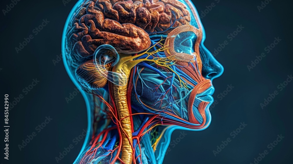 A detailed 3D model of a human head, showing the blood vessels and ...