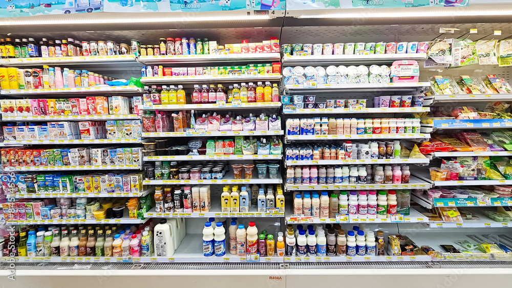 Drink products, Variety of drinks on shelves in convenience store ...