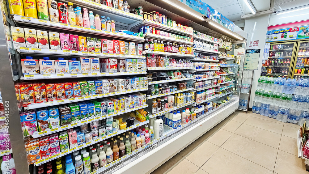 Drink products, Variety of drinks on shelves in convenience store ...