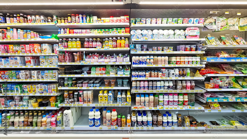 Drink products, Variety of drinks on shelves in convenience store ...