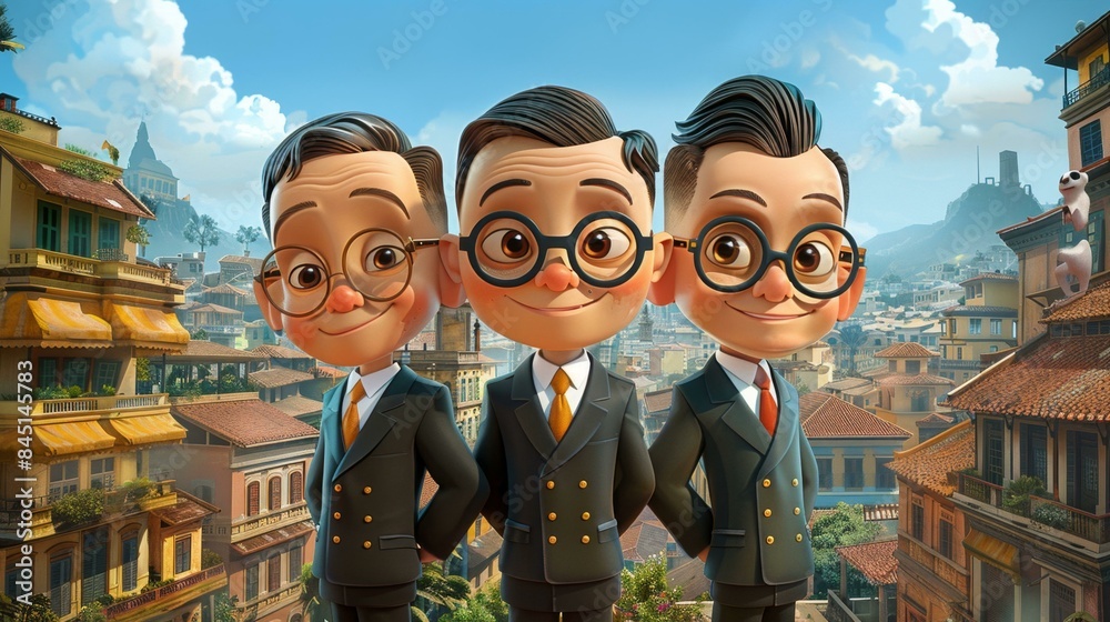 Three cartoon men wearing glasses and suits, smiling and posing for a ...