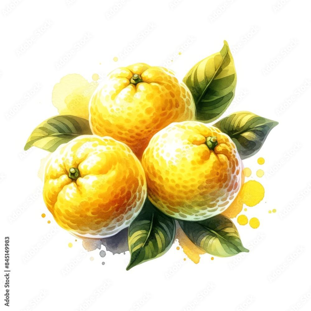 Watercolor illustration of three yuzu fruits with green leaves on a ...
