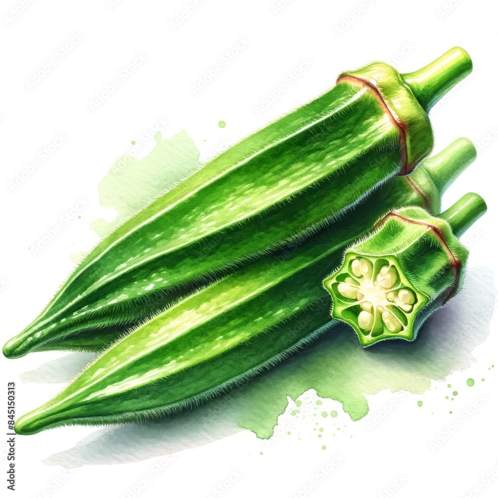 Watercolor illustration of fresh okra with green pods and a cut section ...