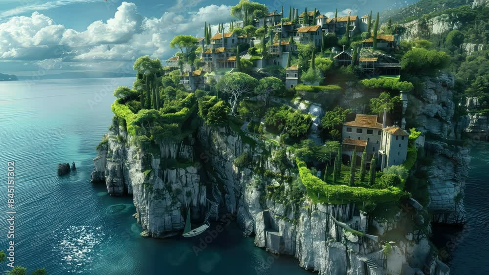 Animation Village on the Cliff with Stunning Ocean View generated with ...