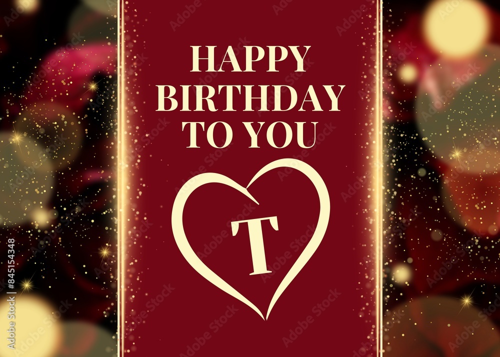 Happy Birthday Greetings card with Letter T in heart on red background ...