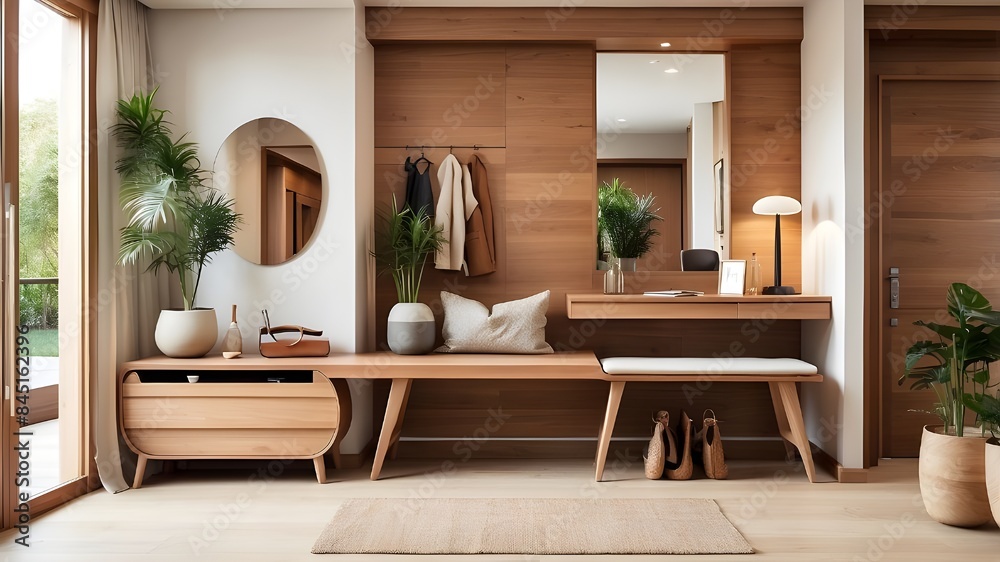 Elegant modern wooden entry hall décor with warm timber tones, modern ...