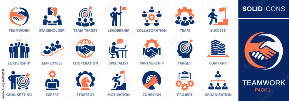 Teamwork icon set. Collection of cooperation, team target, leadership ...