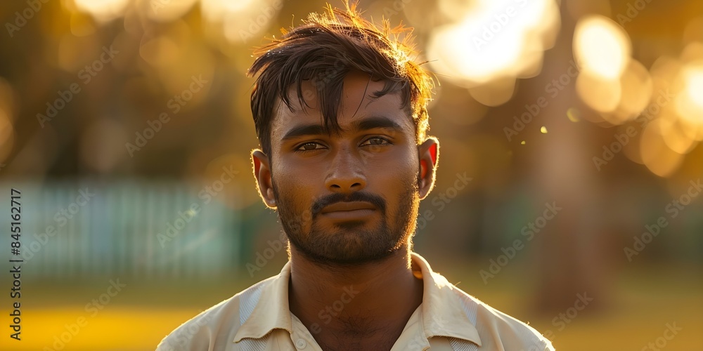 Indian male cricket athlete with sharp features on blurred cricket ...