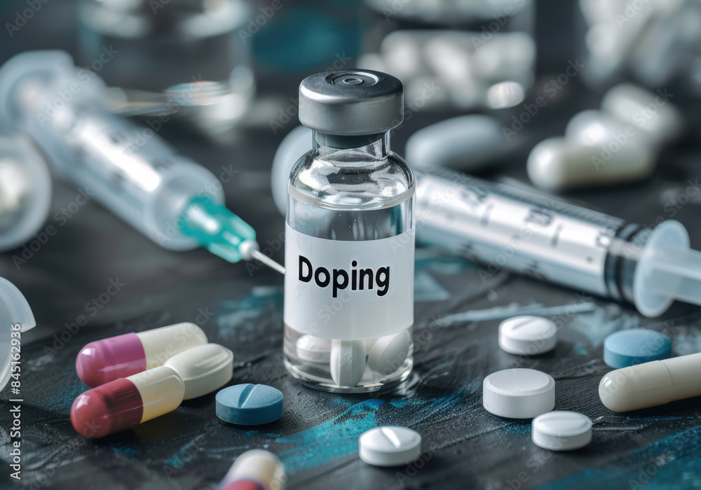 Close-up of a bottle of dope, pills and syringes. The concept of doping ...