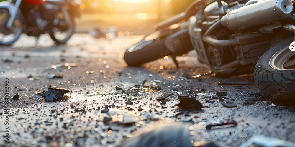 Closeup of motorcycle accident scene for safety or insurance claim ...