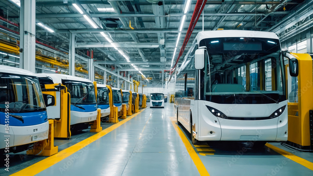 A modern bus manufacturing workshop with multiple electric buses on the ...