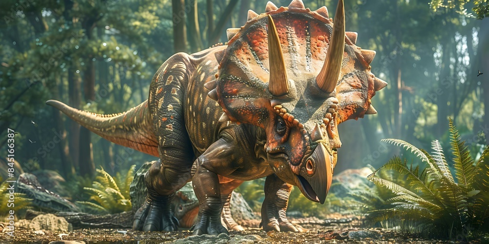 Majestic Triceratops in prehistoric landscape during the dinosaur era ...