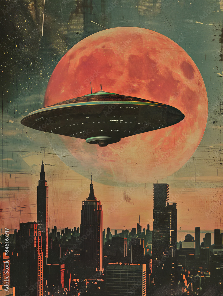 Retro vintage color photograph movie poster dramatic UFO flying saucer ...