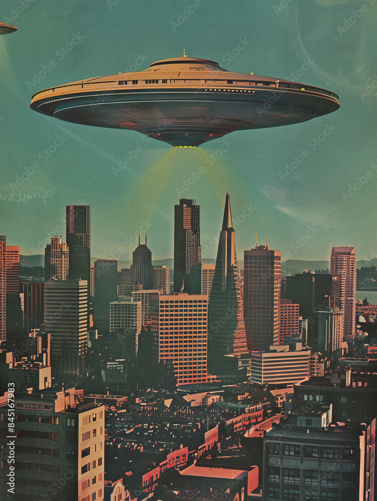 Retro vintage color photograph movie poster dramatic UFO flying saucer ...